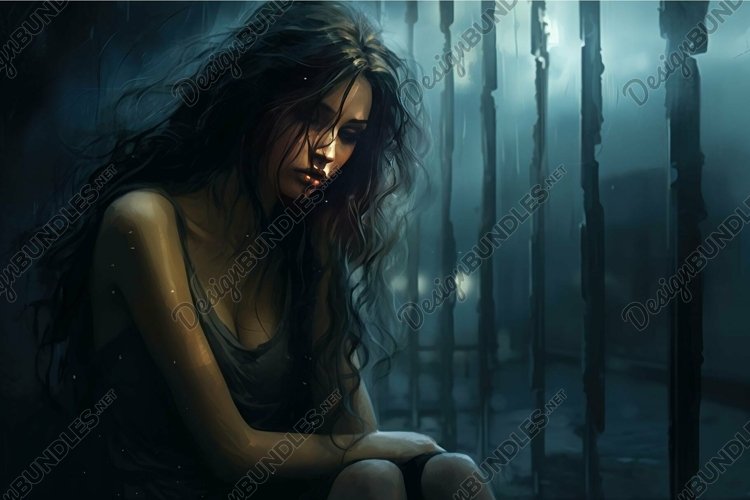 Solitude in rain: woman contemplating in the night