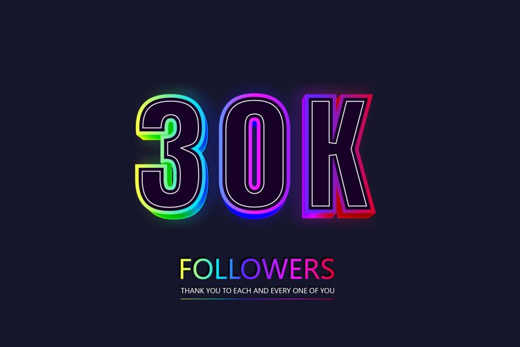 30k social followers and subscribers neon text effect.
