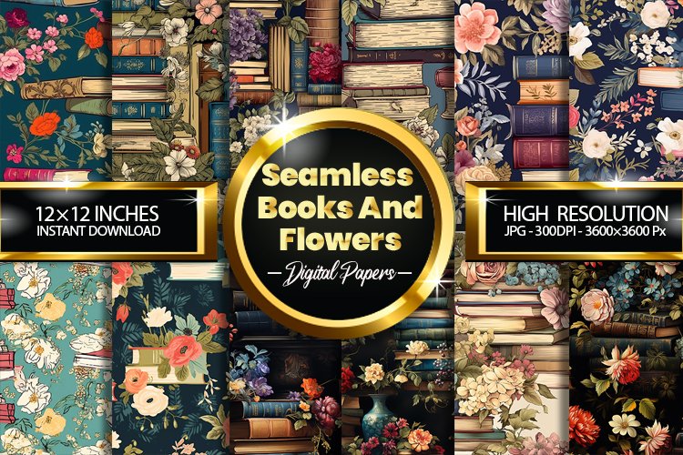 Seamless Books and Flowers Digital Papers, Flowers Pattern