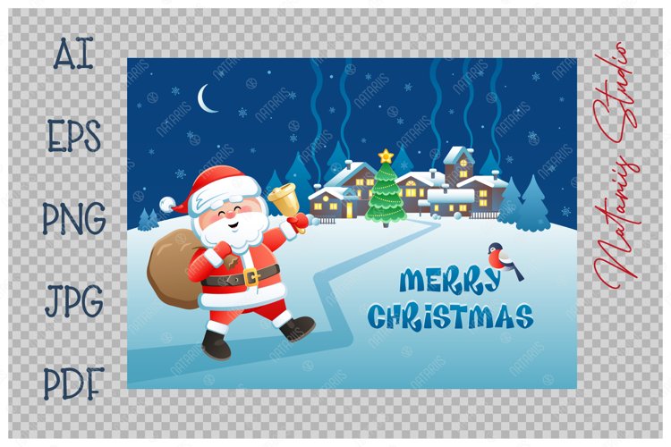 Merry Christmas. Cute Santa Claus with golden bell.