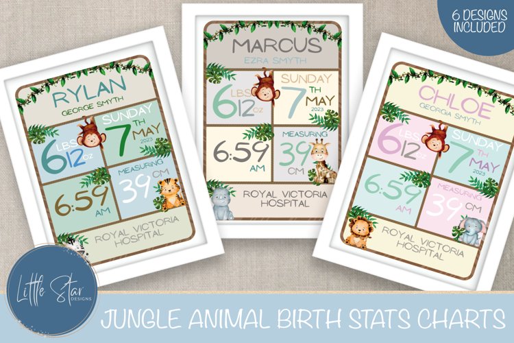 Jungle Themed Baby Birth Stat Charts/ Set of 6