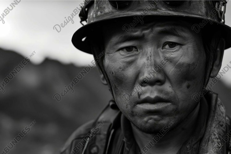 Exhausted Asian miner worker dirty face. Generate Ai