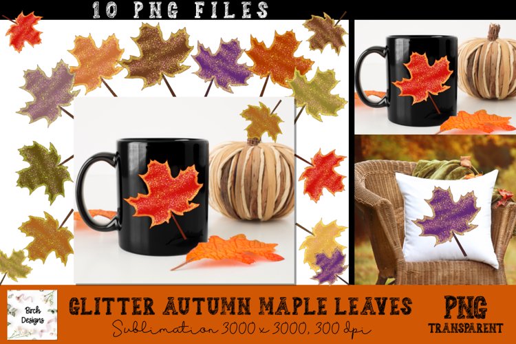 Ten Glitter Autumn Maple Leaves Clipart Sublimation (1542809) | Clipart ...