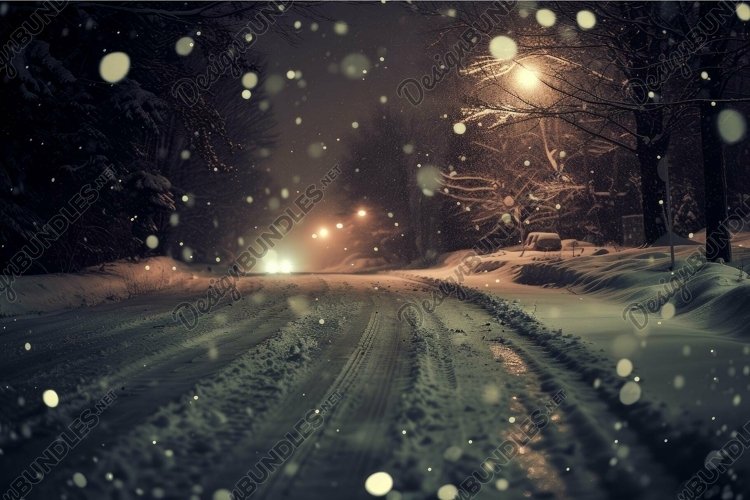 Enchanted winter night with falling snow