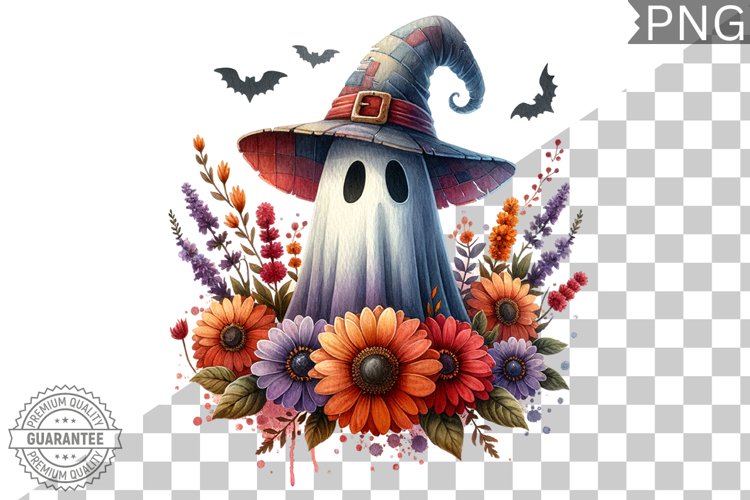 Halloween Ghost And Flowers - Halloween Clipart