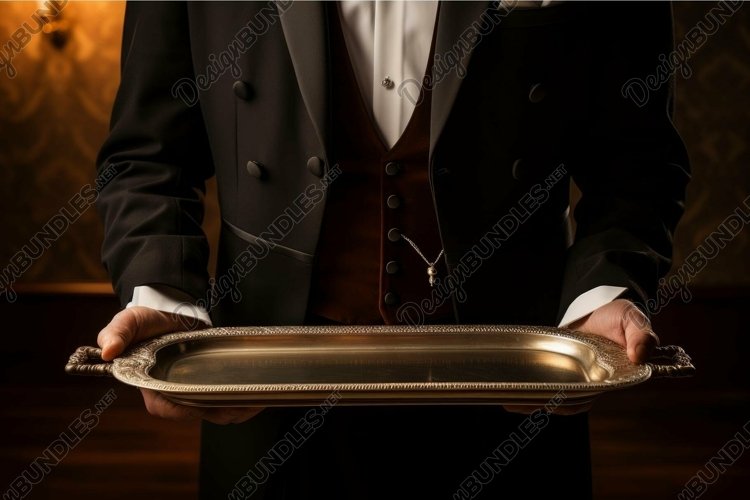 Elegant butler holding silver tray in classic interior