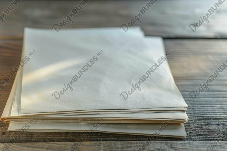 Stack of blank papers is lying on a wooden table