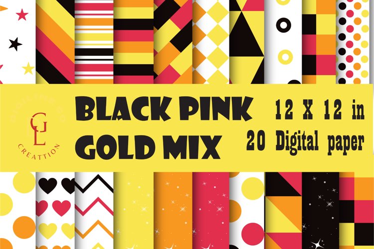 Black pink gold mix Digital paper cute clipart watercolor