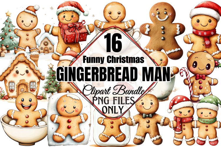 Funny Christmas Gingerbread Man Clipart Bundle PNG