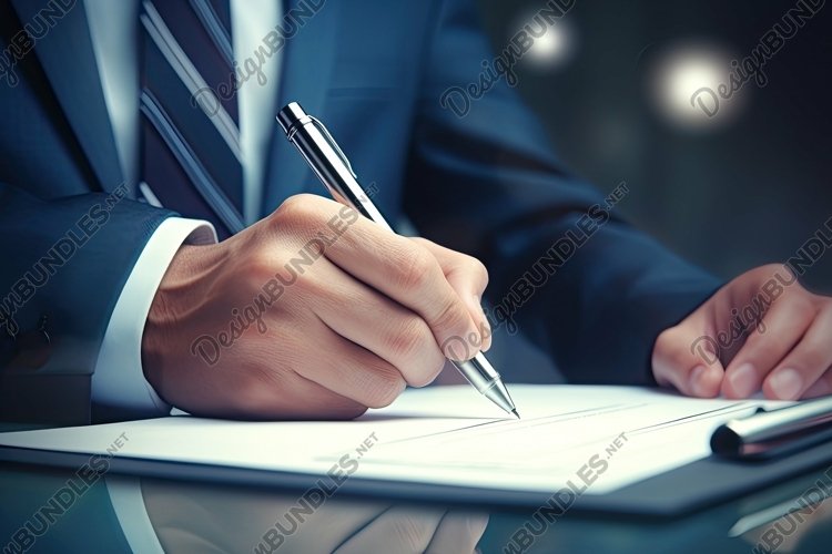 Businessman Hand Holding Pen and Signing Background