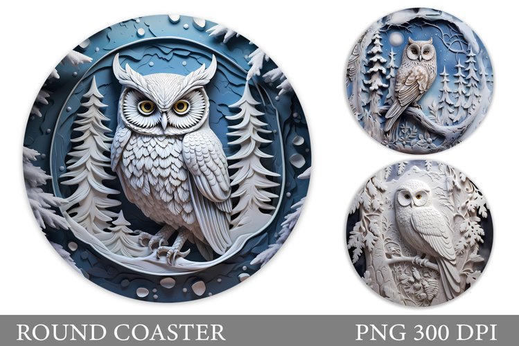 Owls Round Coaster Design. Winter Owl Round Coaster