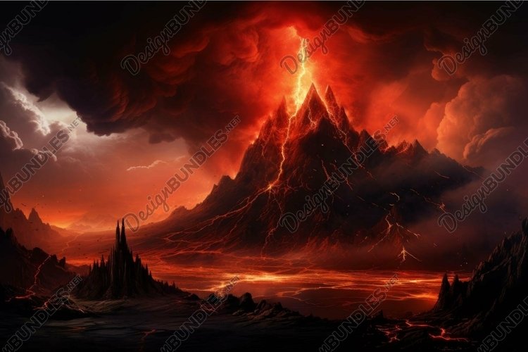 Erupting volcano in dramatic fantasy landscape