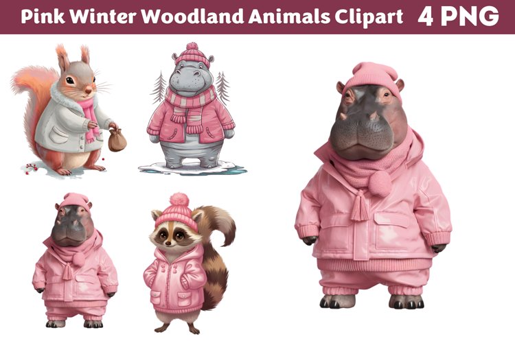 Pink Winter Woodland Animals Clipart PNG (4805175)