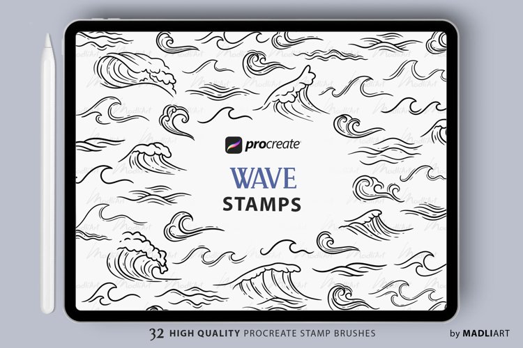 32 Sea Wave Procreate Brush Stamps. Ocean Wave Line Graphics