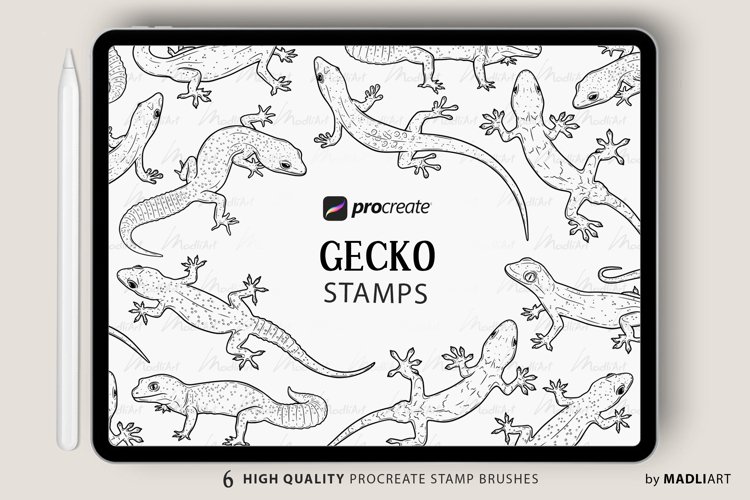6 Gecko Procreate Brush Stamps. Lizard Outline Tattoo Set
