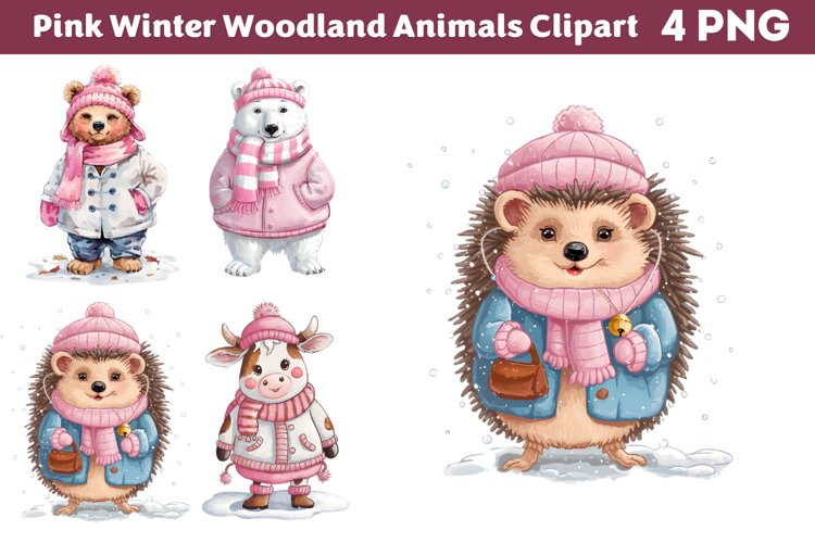 Pink Winter Woodland Animals Clipart PNG (4805177)