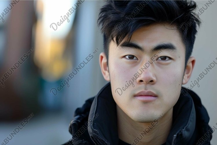 Portrait of a young asian man outdoors with serious expressi