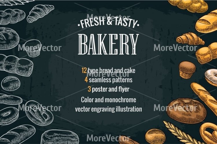 Bakery, 12 type bread, 4 seamless patterns, 3 poster