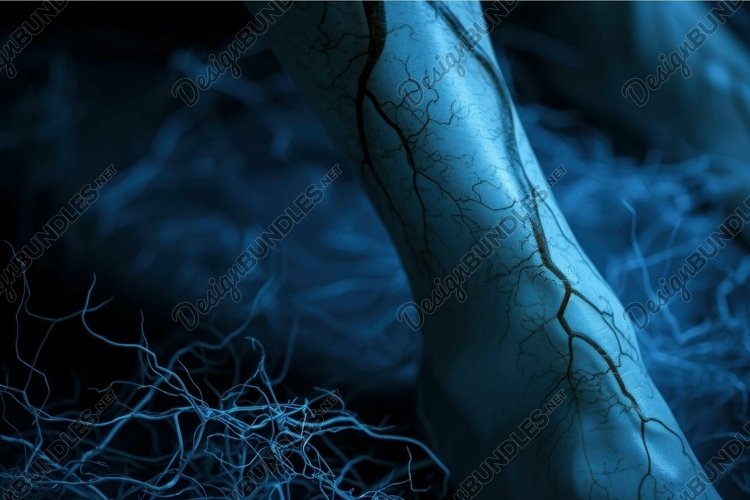 Close-up of intricate blue vascular structures resembling na