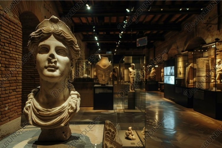Ancient bust in museum exhibit