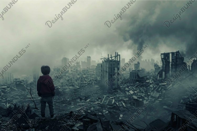 Young boy standing on rubble looking at destroyed city
