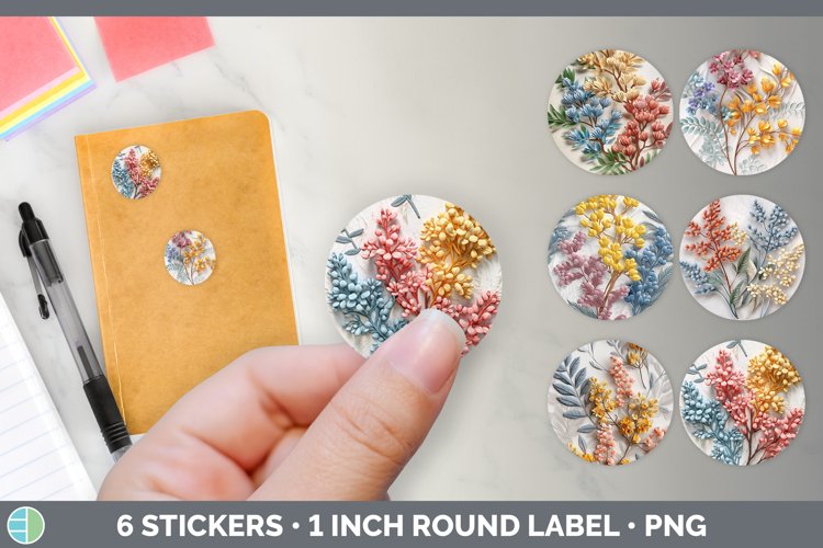 3D Acacia Flowers Stickers | Round Labels Designs Bundle