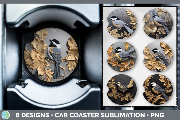 3D Black and Gold Chickadee Bird Car Coaster | Sublimation C