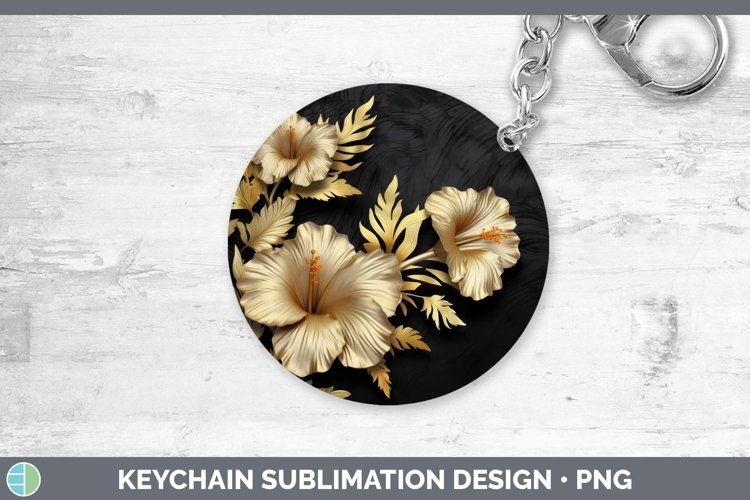 3D Black and Gold Hibiscus Keychain Sublimation Keyring Desi