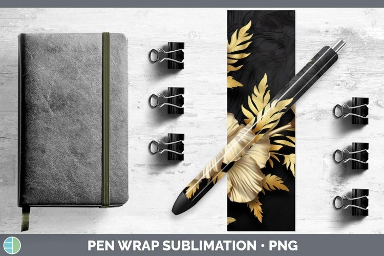3D Black and Gold Hibiscus Pen Wrap Sublimation Epoxy Pen De