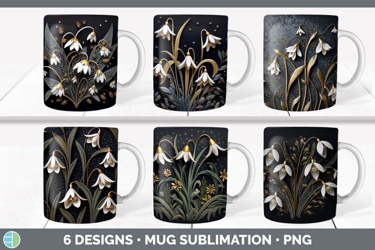 3D Black and Gold Snowdrop Flowers Mug Wrap | Sublimation Co