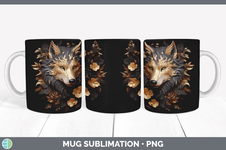 3D Black and Gold Wolf Mug Wrap | Sublimation Coffee Cup Des