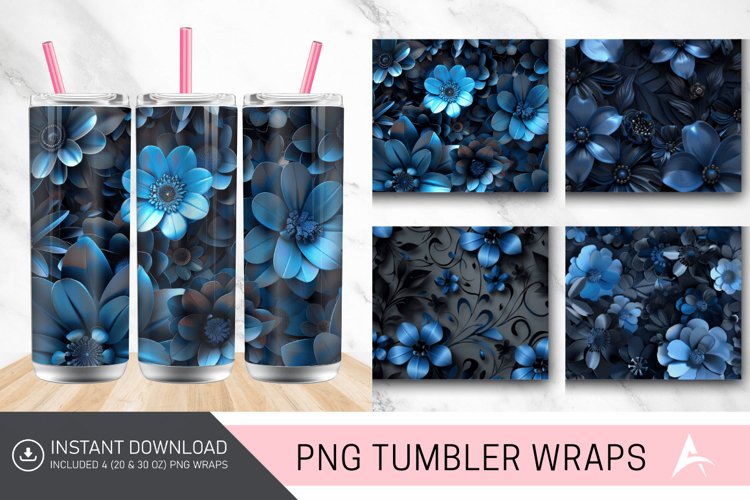 3D Blue and Black Floral Tumbler Wrap