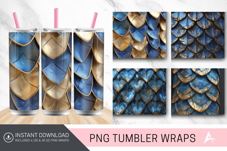 3D Blue Gold Dragon Scales Tumbler wrap