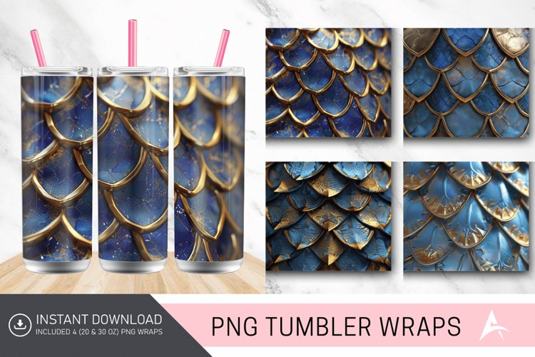 3D Blue Gold Dragon Scales Tumbler wrap