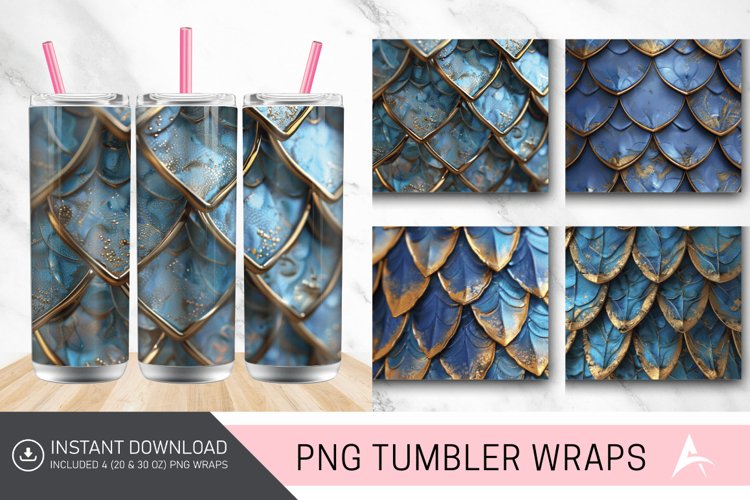 3D Blue Gold Dragon Scales Tumbler wrap