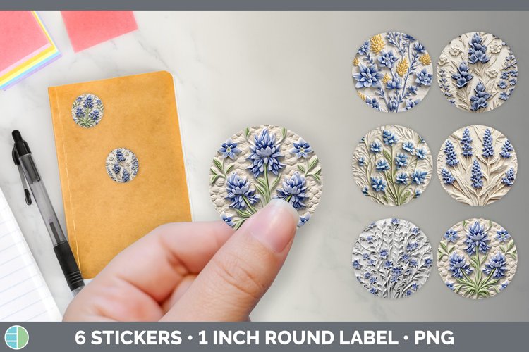 3D Bluebonnet Flowers Stickers | Round Labels Designs Bundle