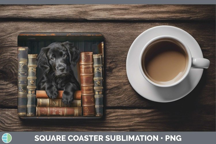 3D Books Flat-Coated Retriever Dog Square Coaster Sublimatio