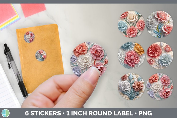 3D Carnation Flowers Stickers | Round Labels Designs Bundle