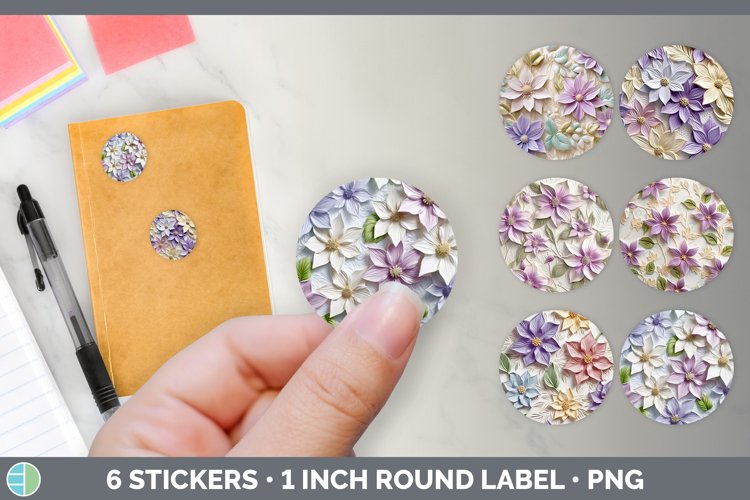 3D Clematis Flowers Stickers | Round Labels Designs Bundle