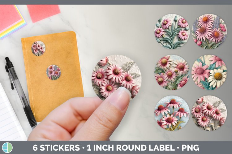 3D Coneflower Flowers Stickers | Round Labels Designs Bundle