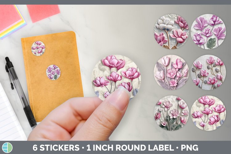 3D Cyclamen Flowers Stickers | Round Labels Designs Bundle