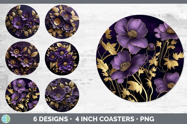 3D Elegant Violet Flowers Round Coaster | Sublimation Coaste
