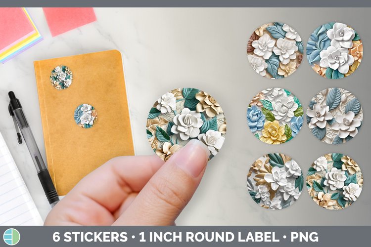 3D Gardenia Flowers Stickers | Round Labels Designs Bundle