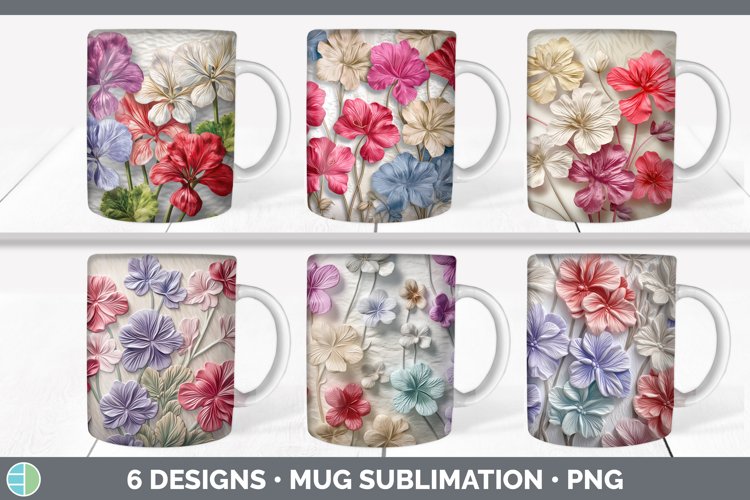 3D Geranium Flowers Mug Wrap | Sublimation Coffee Cup Design