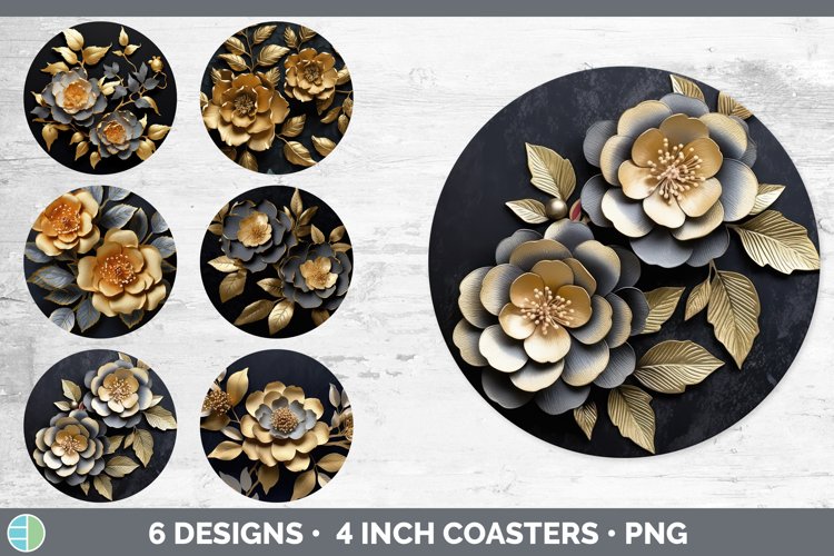 3D Gold Camellia Flowers Round Coaster | Sublimation Coaster