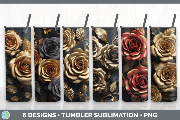 3D Gold Rose Flowers Tumbler | Sublimation 20 oz Skinny Tumb