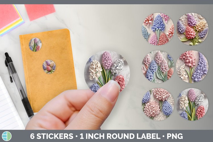 3D Hyacinth Flowers Stickers | Round Labels Designs Bundle
