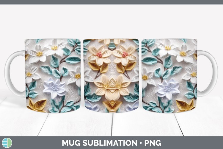 3D Jasmine Flowers Mug Wrap | Sublimation Coffee Cup Designs