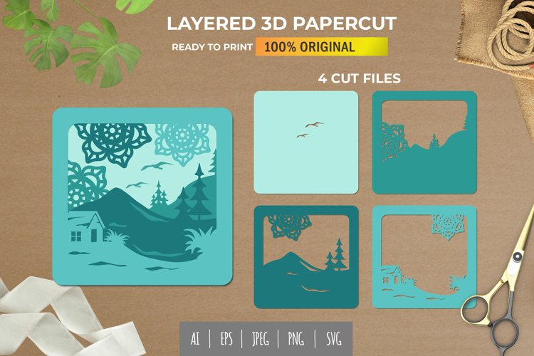 3D Papercut House in The Mountain with Big Mandala Pattern