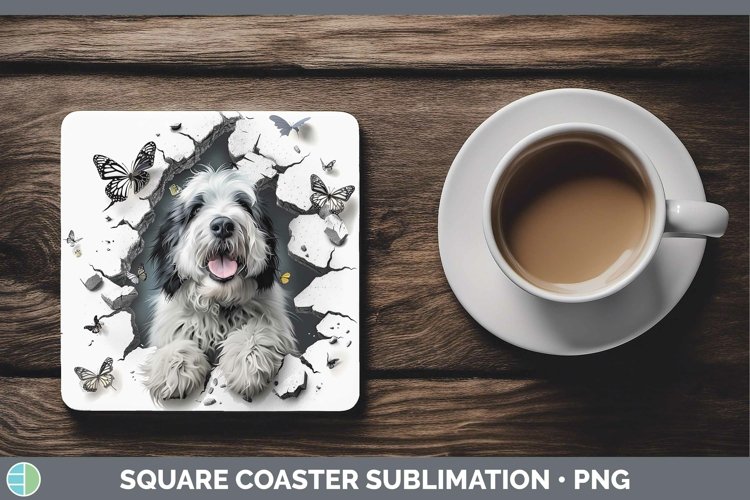 3D Old English Sheepdog Square Coaster | Sublimation Coaster